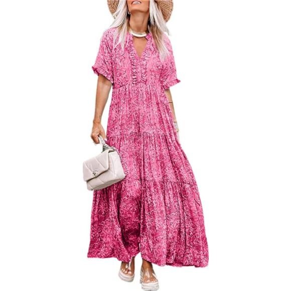 Dresses | Short Sleeve V Neck Ruffle Tiered Swing Floral Boho Long Maxi ...